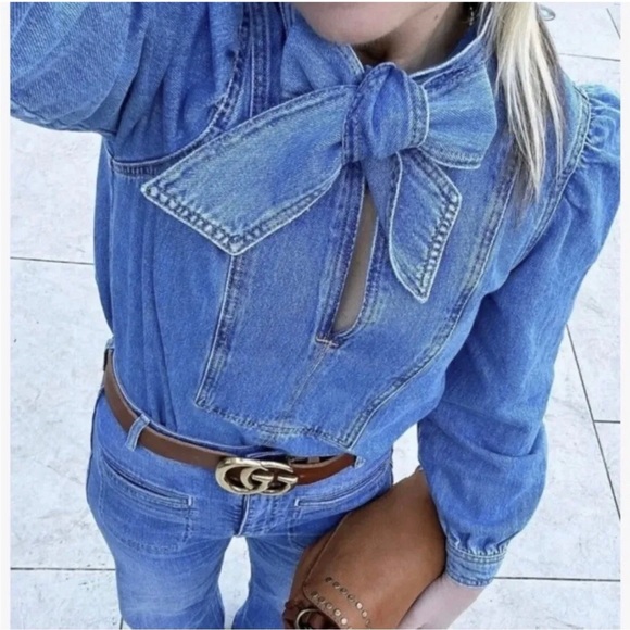 Zara | Tops | Zara Blogger Denim Tied Blouse | Poshmark